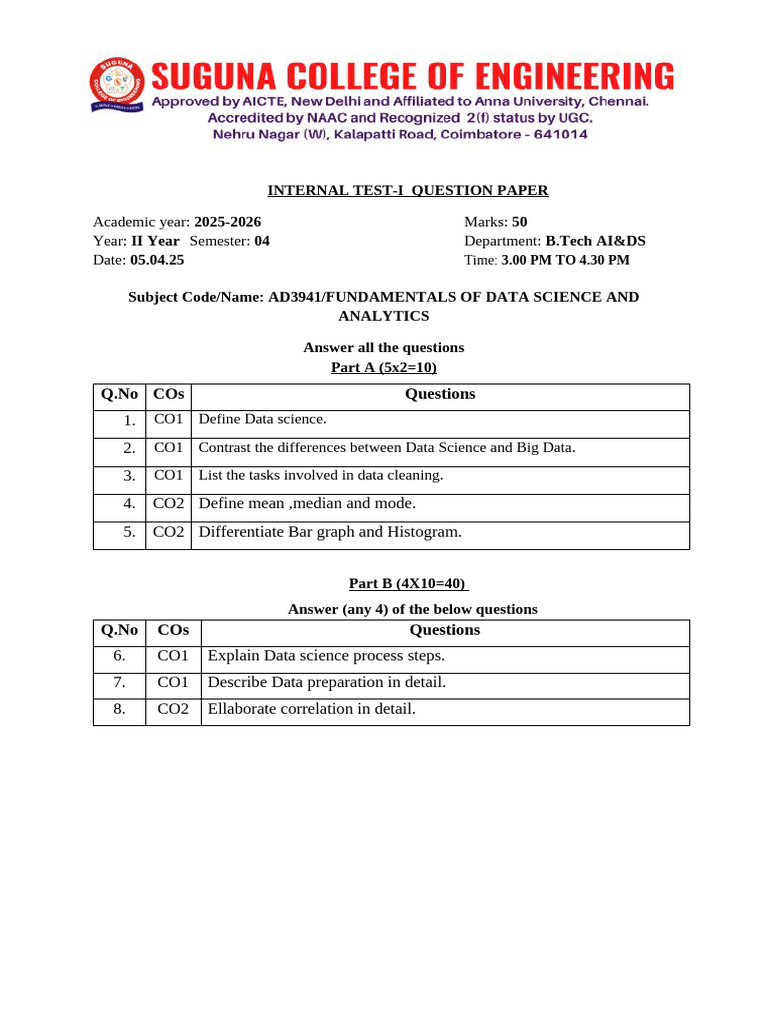 Fundamentals of Data Sceince - CIA 1 - 2ND YEAR - Docx-Type 2 | PDF | Histogram | Statistical Theory