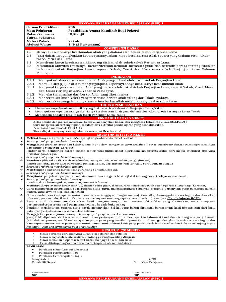 (Playstore Masafidhan) RPP KATOLIK K3 Sem1-3 Kisah Yakub | PDF