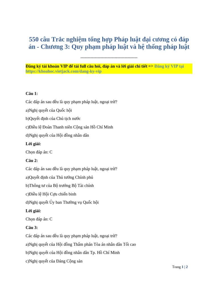 550 Cau Trac Nghiem Tong Hop Phap Luat Dai Cuong Co Dap an Chuong 3 Quy Pham Phap Luat Va He ...