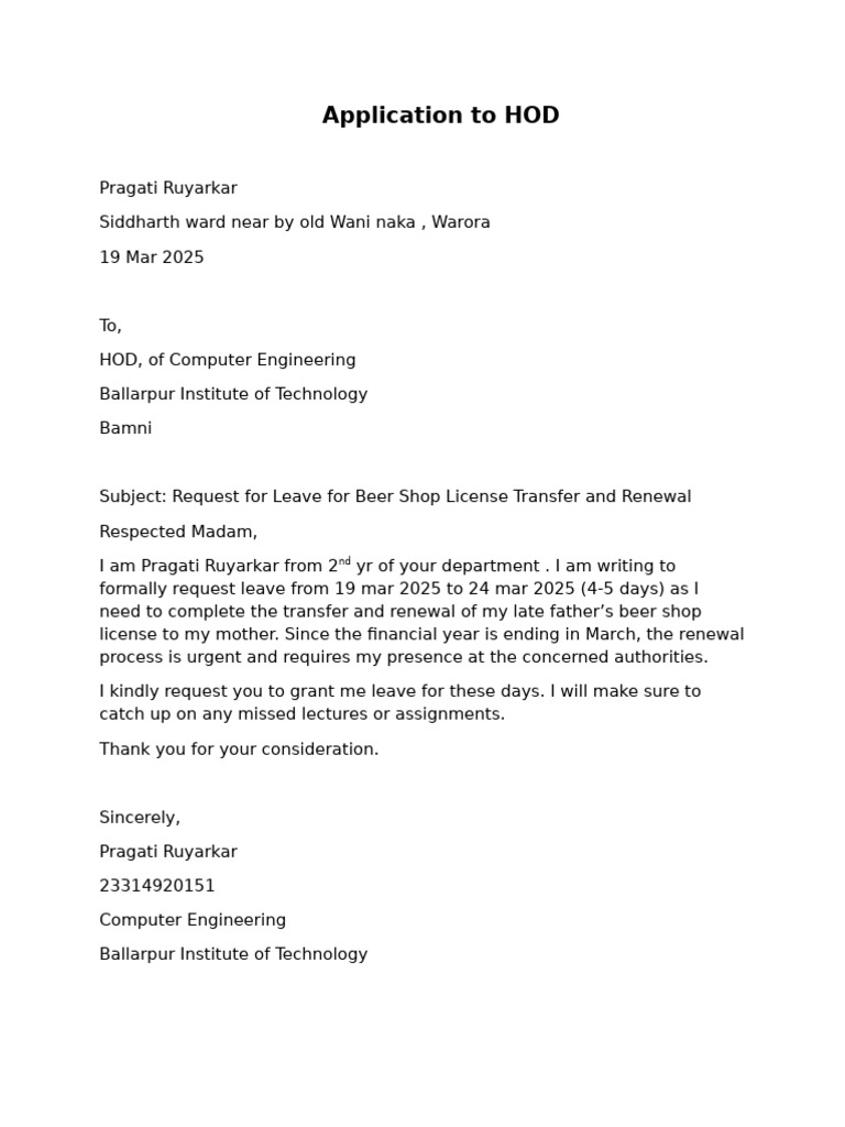 Application To HOD | PDF