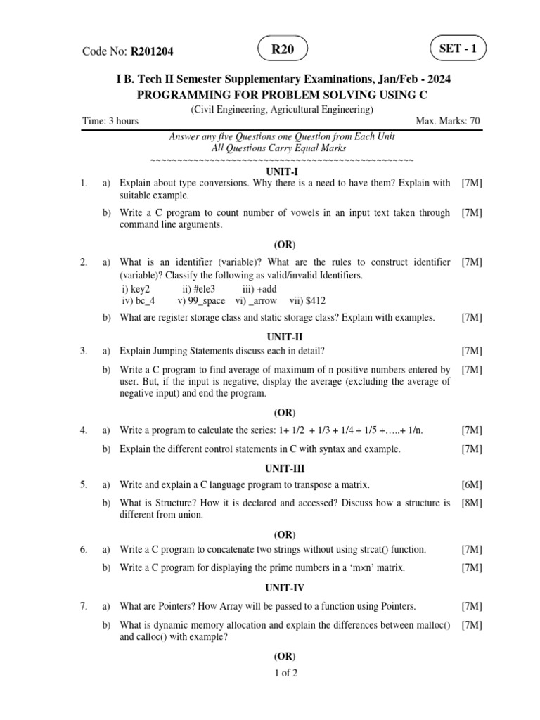 Programming For Problem Solving Using C Jan 2024 | PDF | Pointer (Computer Programming) | Computing