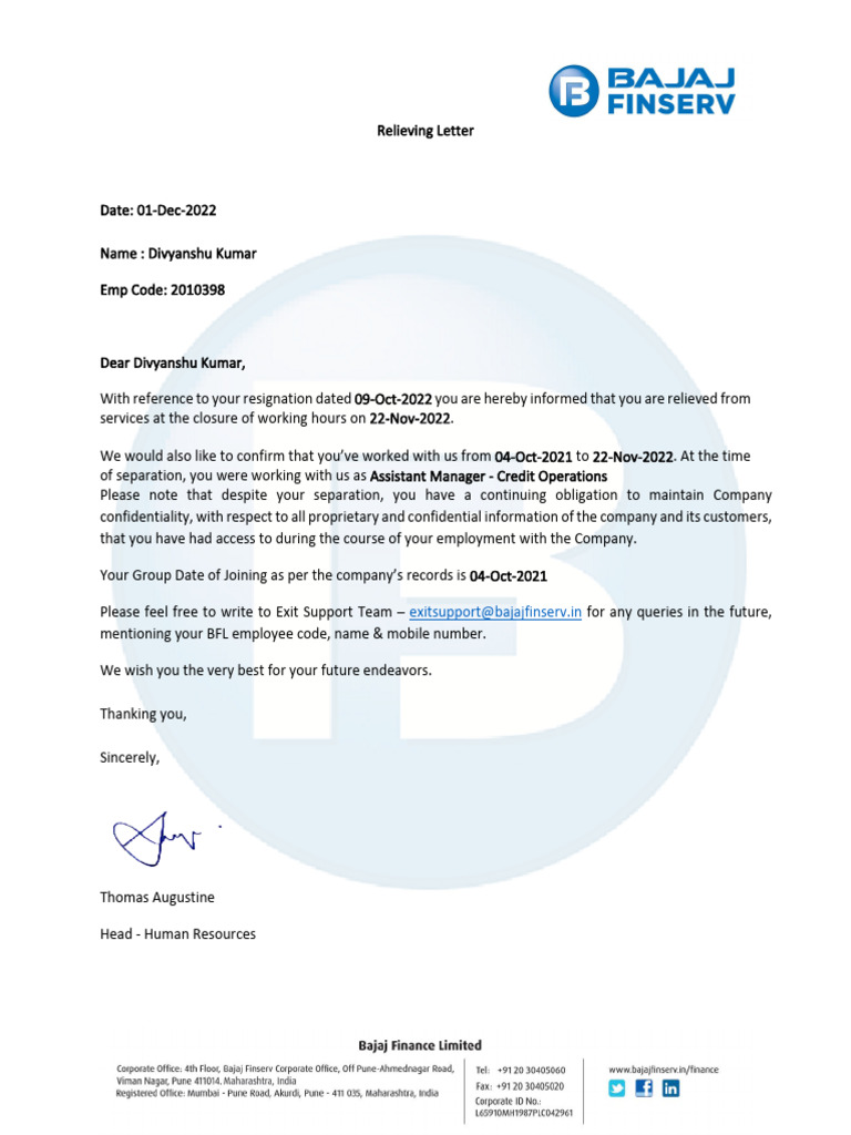 Relieving Letter Format | PDF