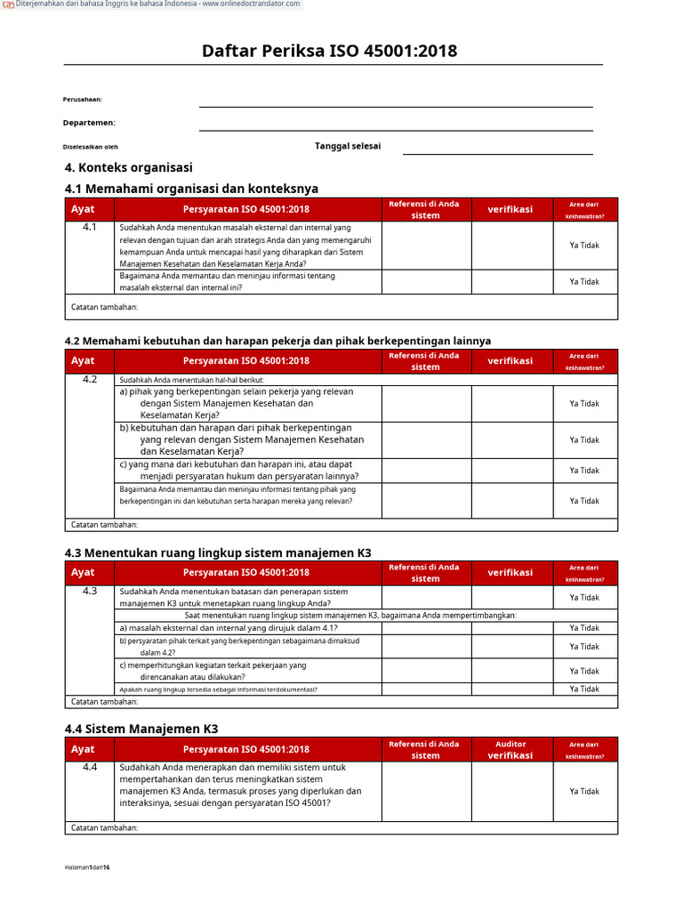 Checklist Audit ISO 45001 2018.en - Id | PDF