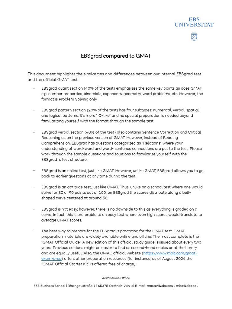 New_EBSgrad Compared to GMAT + Sample Test | PDF | Graduate Management ...