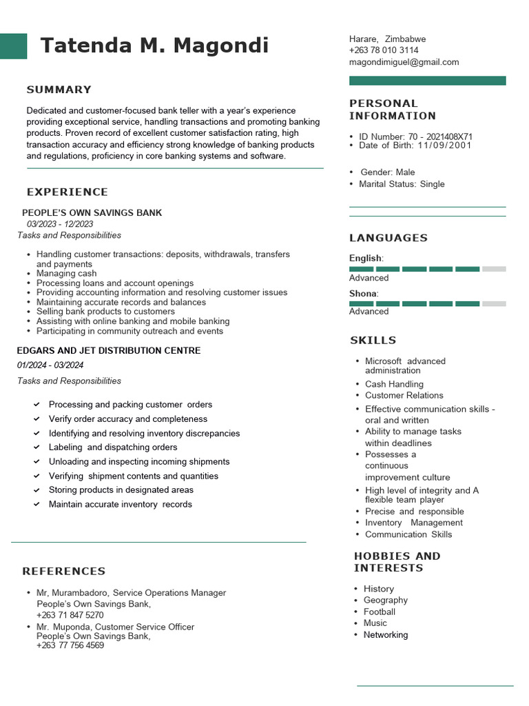 Tatenda Miguel Magondi CV | PDF | Banks | Business