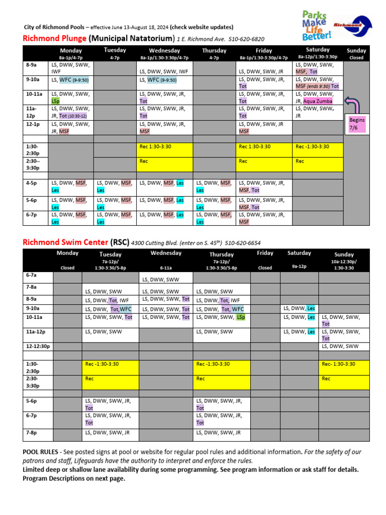 Richmond Pools Schedule & Programs 2024 | PDF