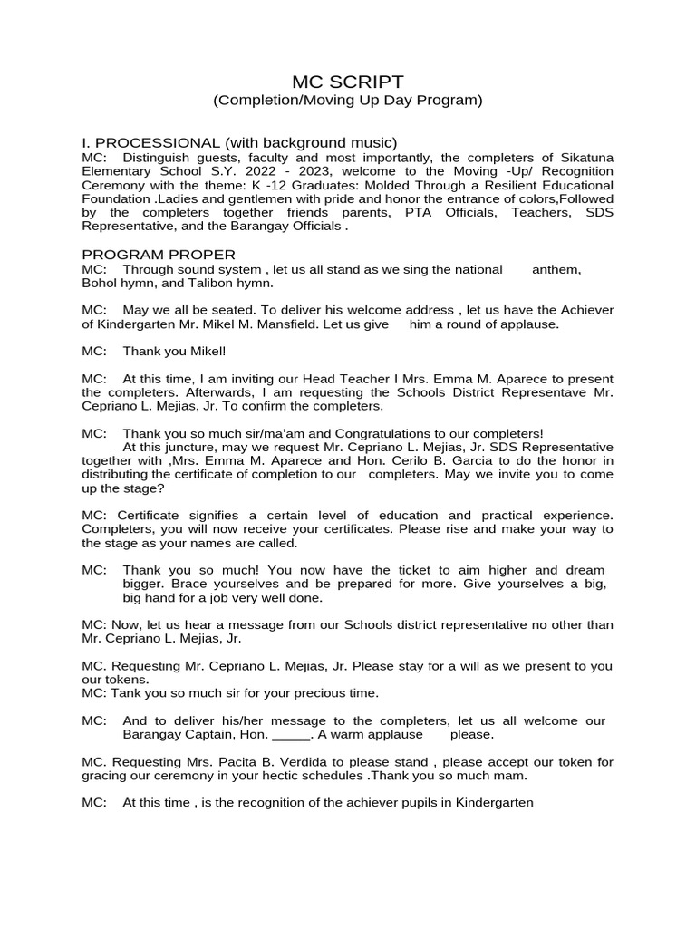 Emcee Script For Moving Up1 | PDF