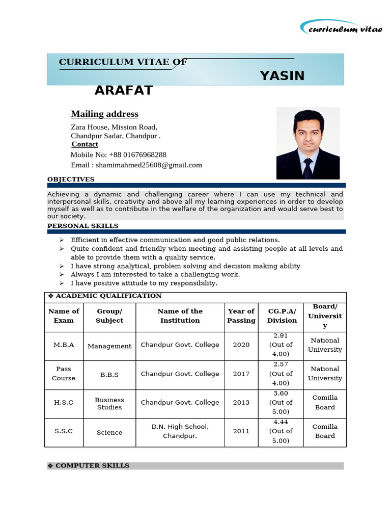 CV of Yasin Arafat | PDF