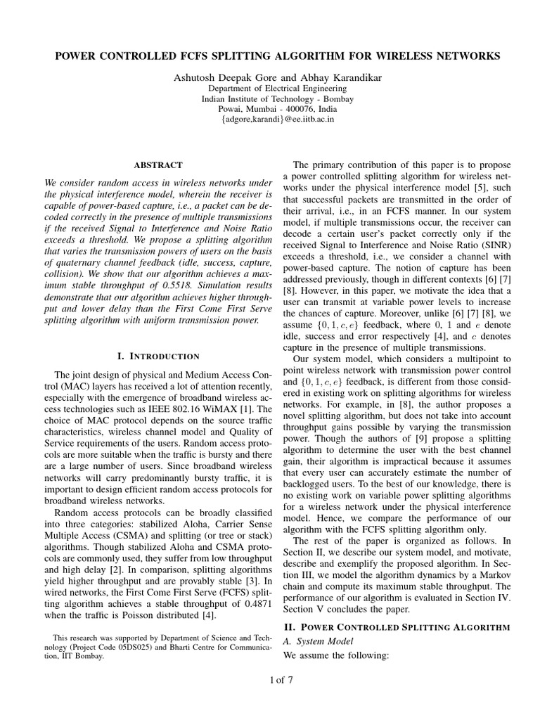 Power Controlled FCFS Splitting Algorithm For Wireless Networks - Gore Karandikar | PDF ...