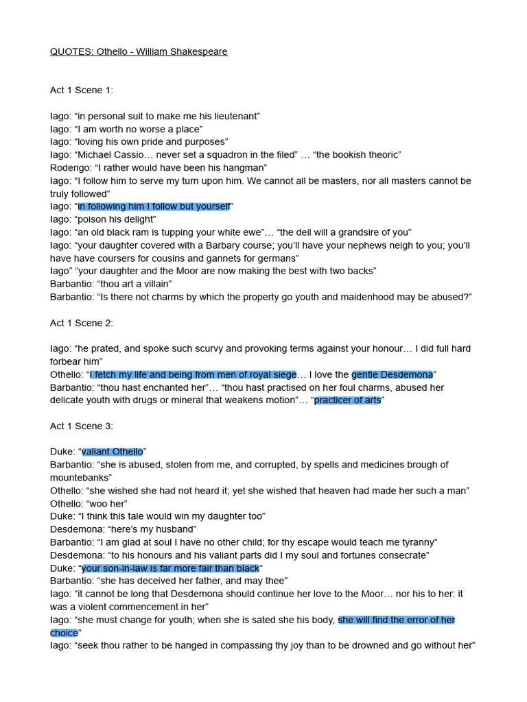 QUOTES - Othello by William Shakespeare | PDF | Othello | Iago