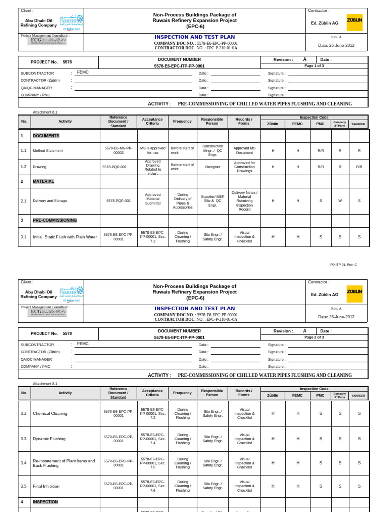 ITP - Pre-Commissining Chilled Water Flushing and Cleaning | PDF