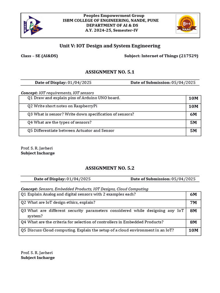 Assignments 5.1 To 5.4 UNIT 5 IOT Design and System Engineering | PDF ...