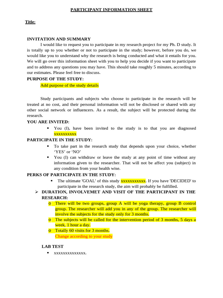 Participant Information Sheet Format | PDF | Asana | Medicine