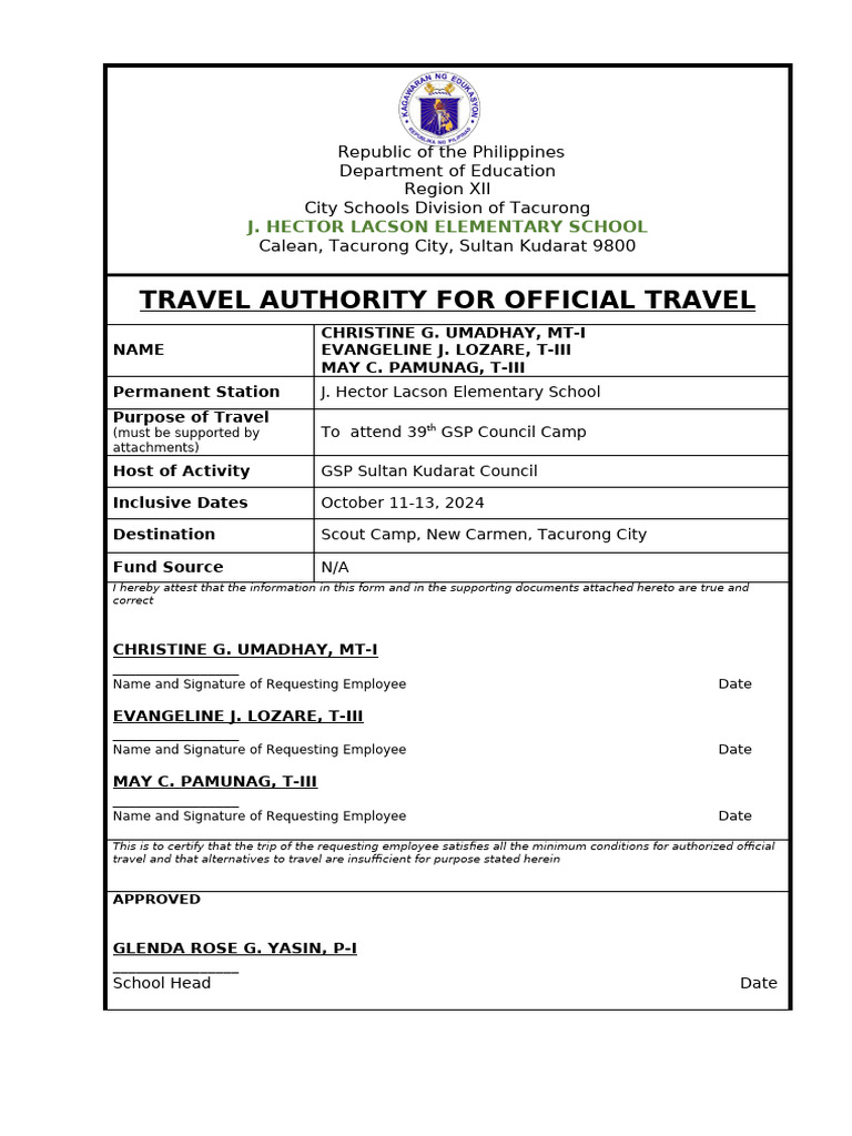 Travel Authority for Official School Trips | PDF | Philippines