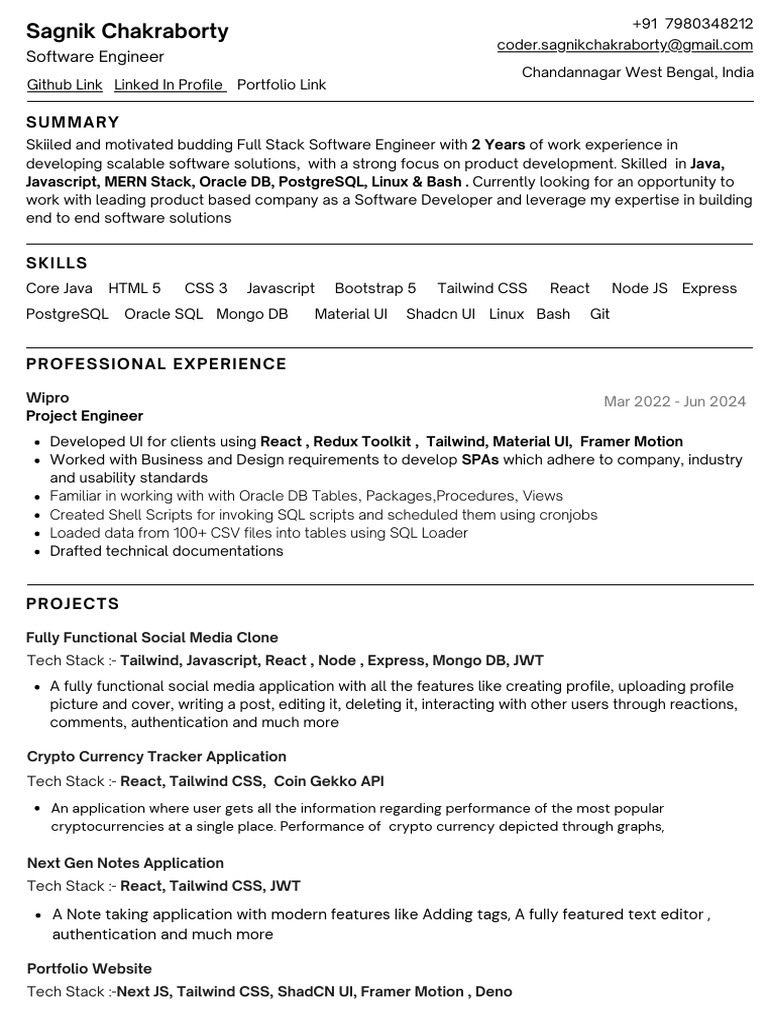 Sagnik Chakraborty - Updated Resume - Sep - 2024.pdf-1 | PDF | Java Script | Postgre Sql
