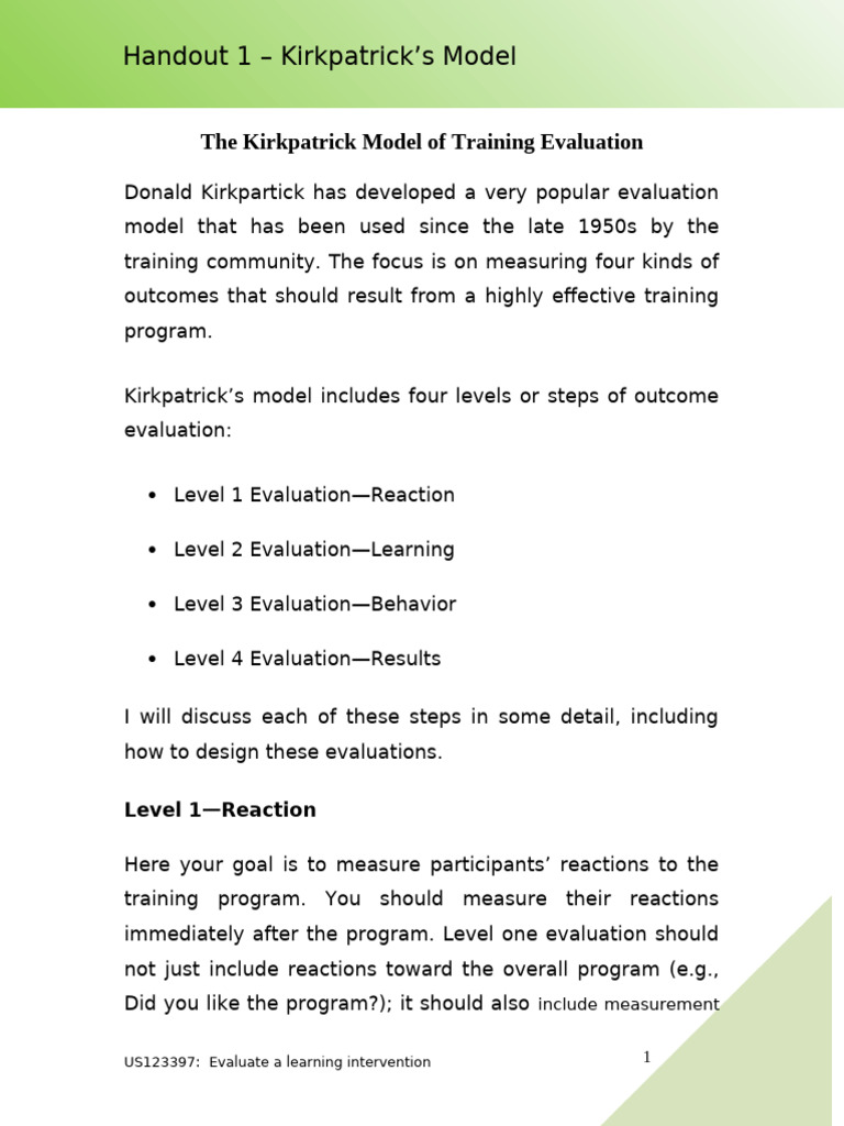 Kirkpatrick Model Training Evaluation Guide | PDF | Learning | Survey ...