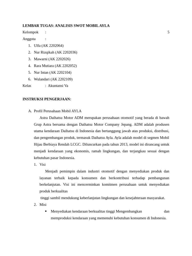 Analisis SWOT Daihatsu Ayla | PDF