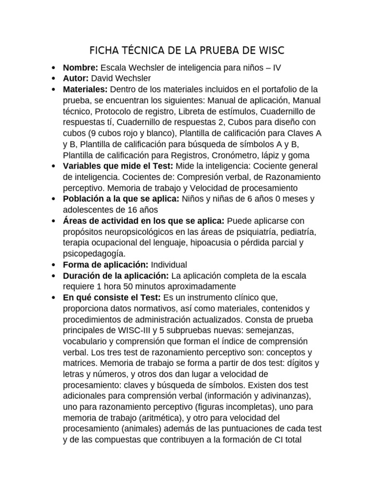 Ficha Técnica de La Prueba de Wisc | PDF | Ciencias del comportamiento | Sicología