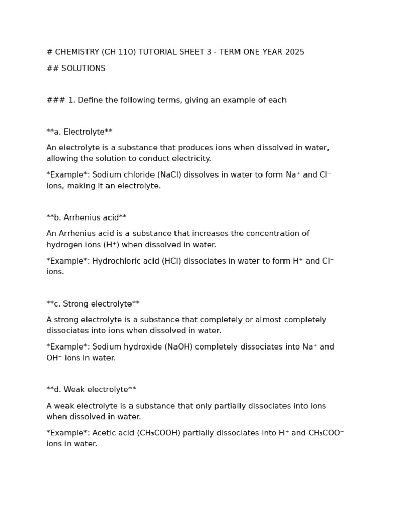 Solutions for Tutorial sheet 3 | PDF | Acid | Electrolyte