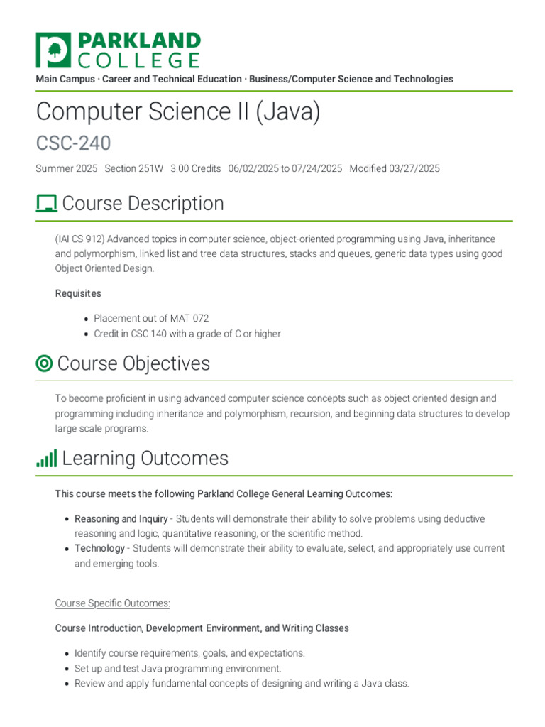 Computer Science II Java CSC 240 Summer 2025 | PDF | Class (Computer Programming) | Method ...