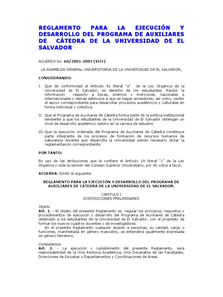 Reglamento de Auxiliares de Catedra | PDF | Universidad | El Salvador