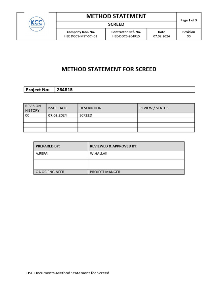 8.SCREED - Method Statement | PDF | Concrete | Structural Engineering
