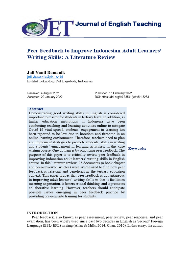 Peer Feedback To Improve Indonesian Adult Learners' Writing Skills A ...