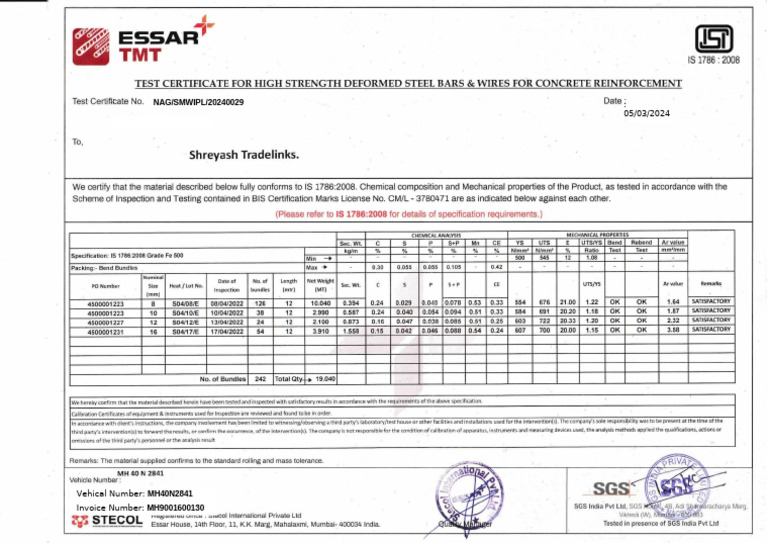 Steel MTC Report Essar 2024 | PDF
