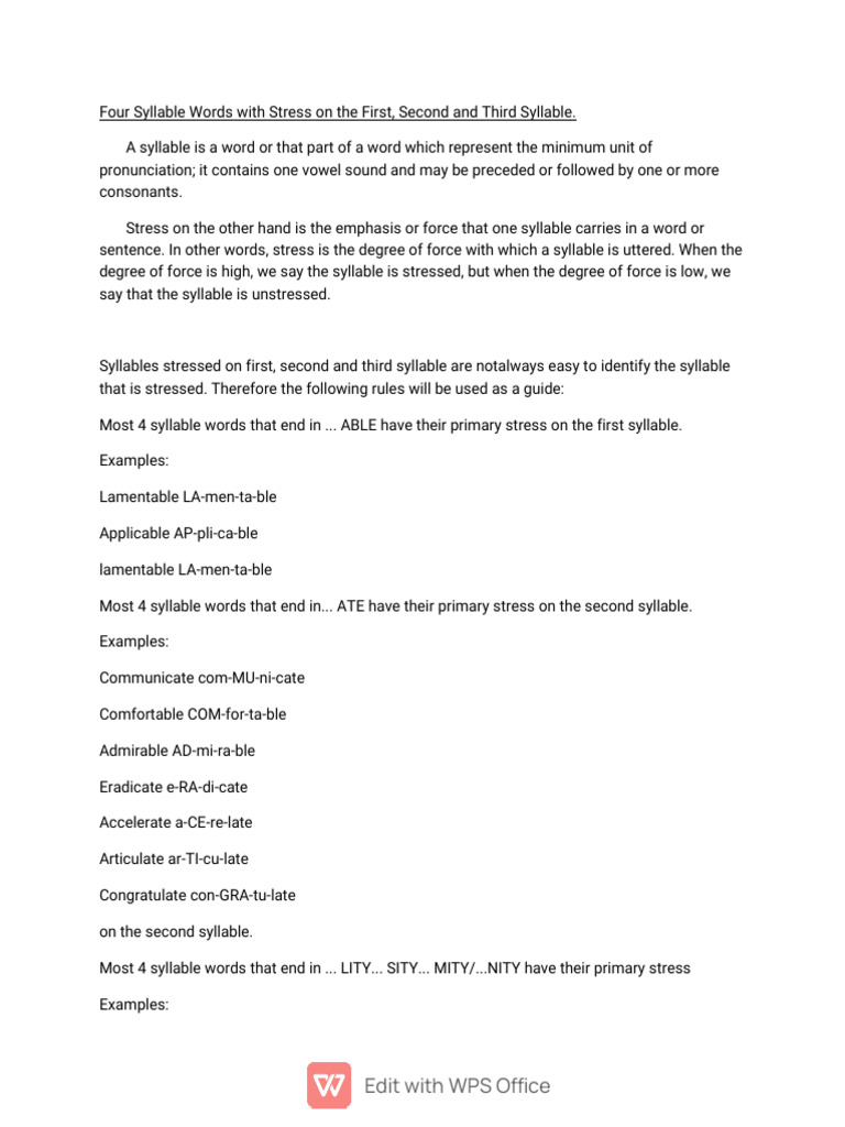 Four Syllable Words and Stress Patterns | PDF | Stress (Linguistics ...