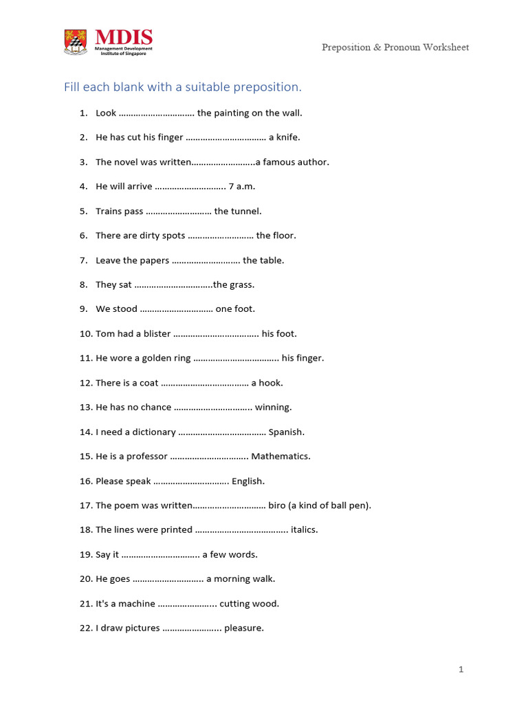 Preposition & Pronoun Worksheet | PDF