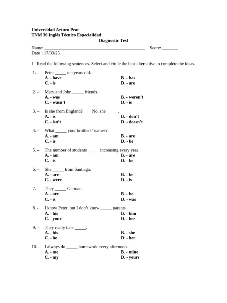 Diagnostic Test for Technical English | PDF