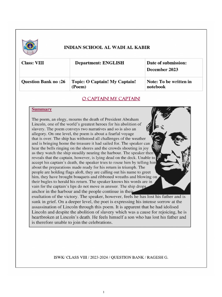 9294337-Class 8 - O Captain My Captain - Question Bank (2) | PDF