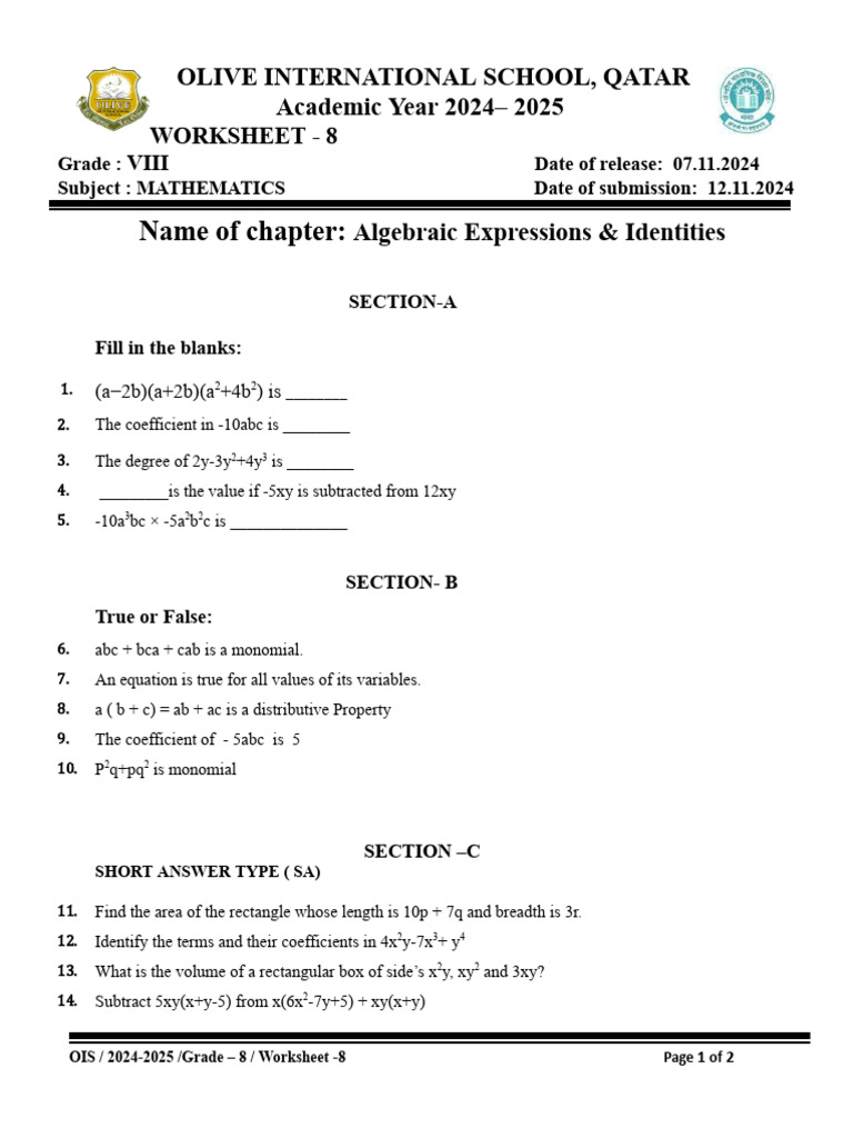 GR 8 - CH 8 - ALGEBRAIC EXPRESSIONS | PDF