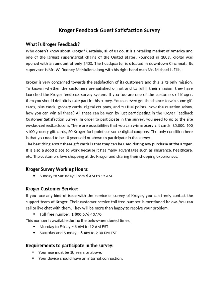 Kroger Feedback Guest Satisfaction Survey | PDF | Grocery Store ...