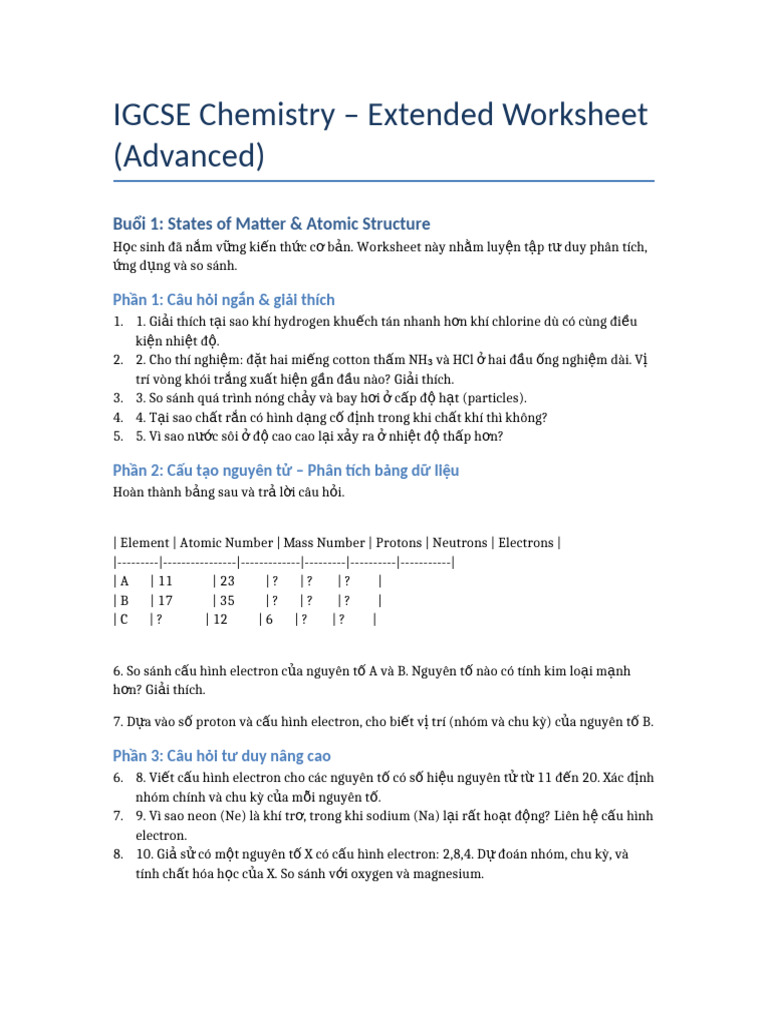 IGCSE_Chemistry_Worksheet_Buoi1_Advanced | PDF