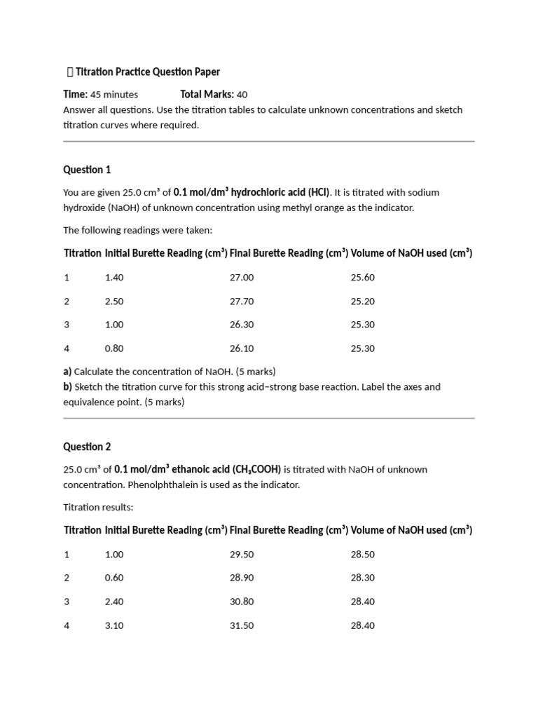 ? Titration Practice Question Paper | PDF | Titration | Chemistry