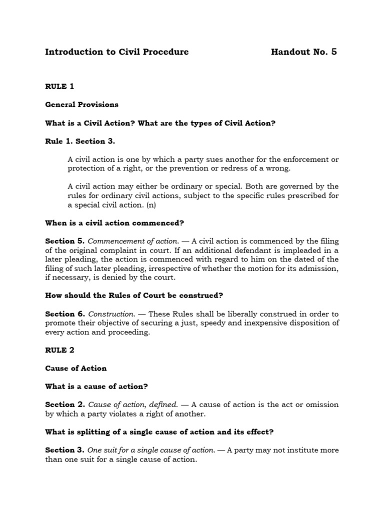 Handout No. 5 - Introduction To Civil Procedure | PDF | Lawsuit | Cause Of Action