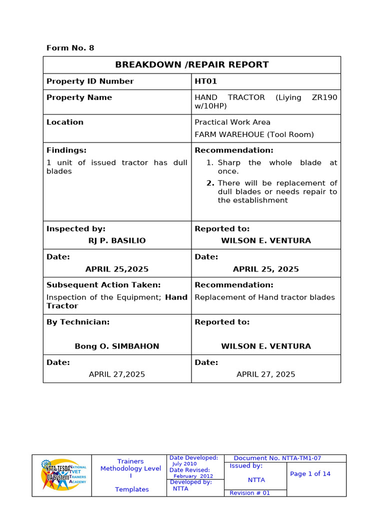 Hand Tractor Repair Report Summary | PDF