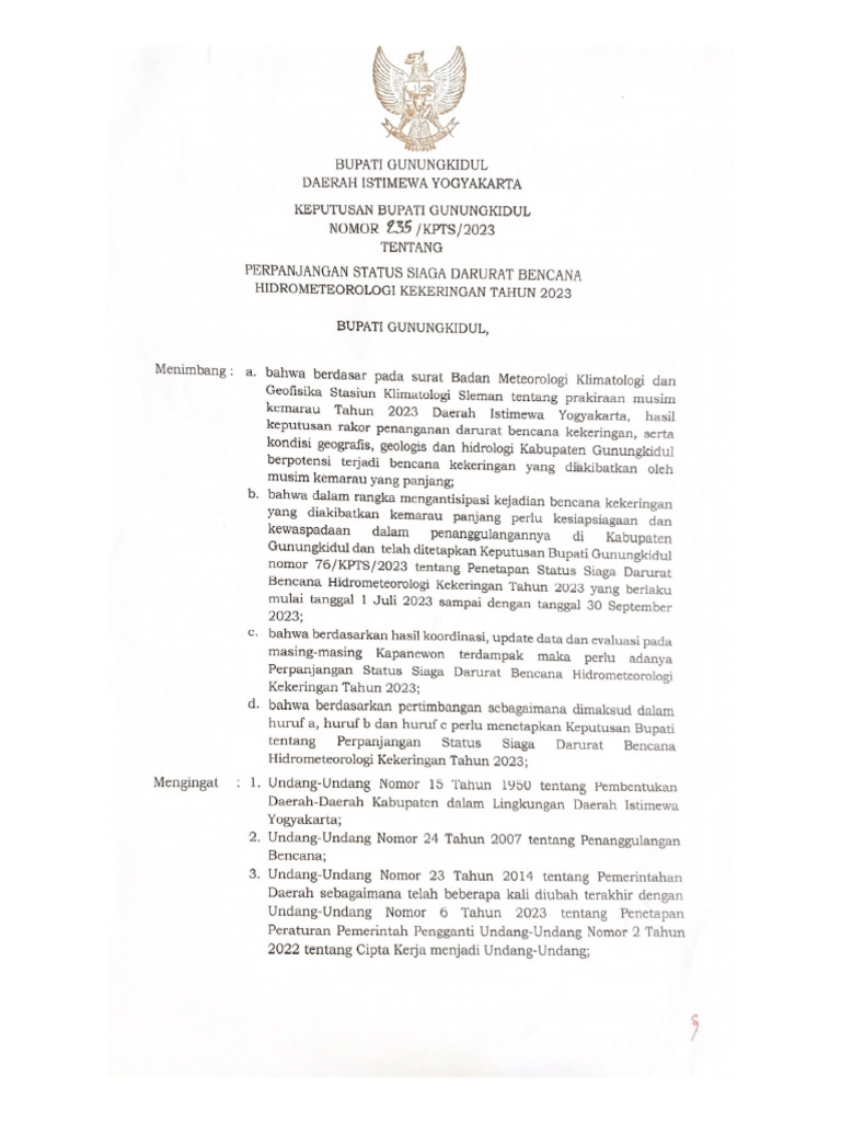 SK Perpanjangan Status Siaga Darurat Bencana Hidrometeorologi Kekeringan 2023 | PDF