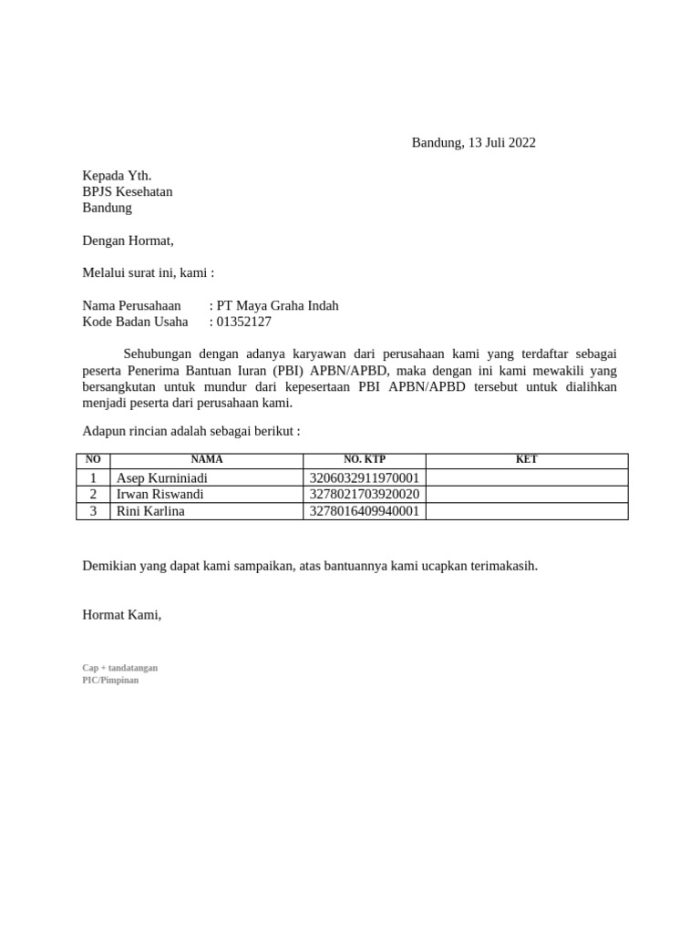 Surat Pengunduran Diri Pbi | PDF