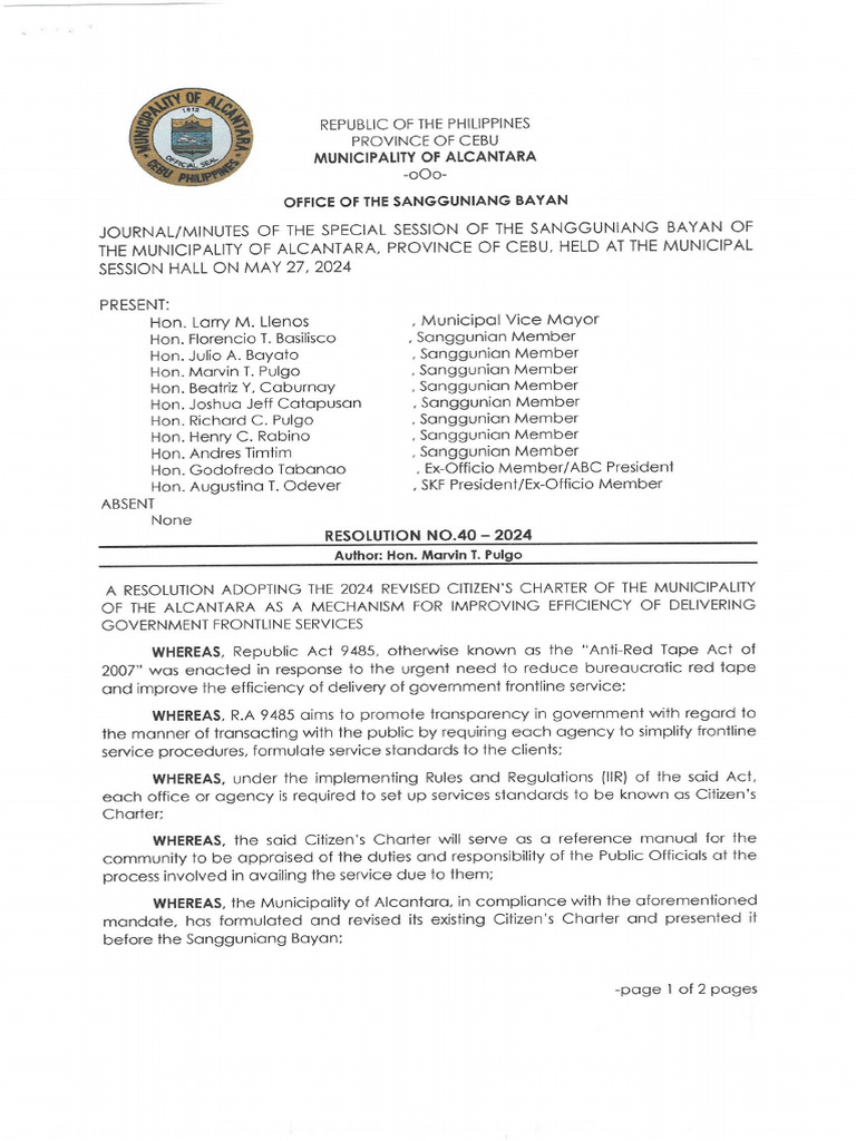 SB Resolution Adopting The Revised Citizens Charter | PDF