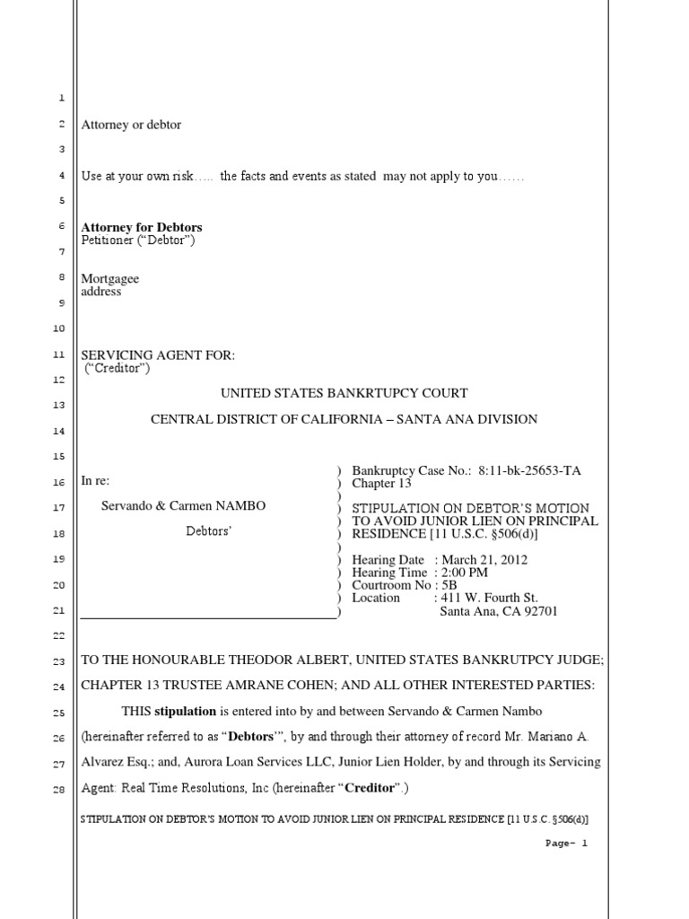 Sample Stipulation for Lien Avoidance Motion | Chapter 13 | Bankruptcy ...