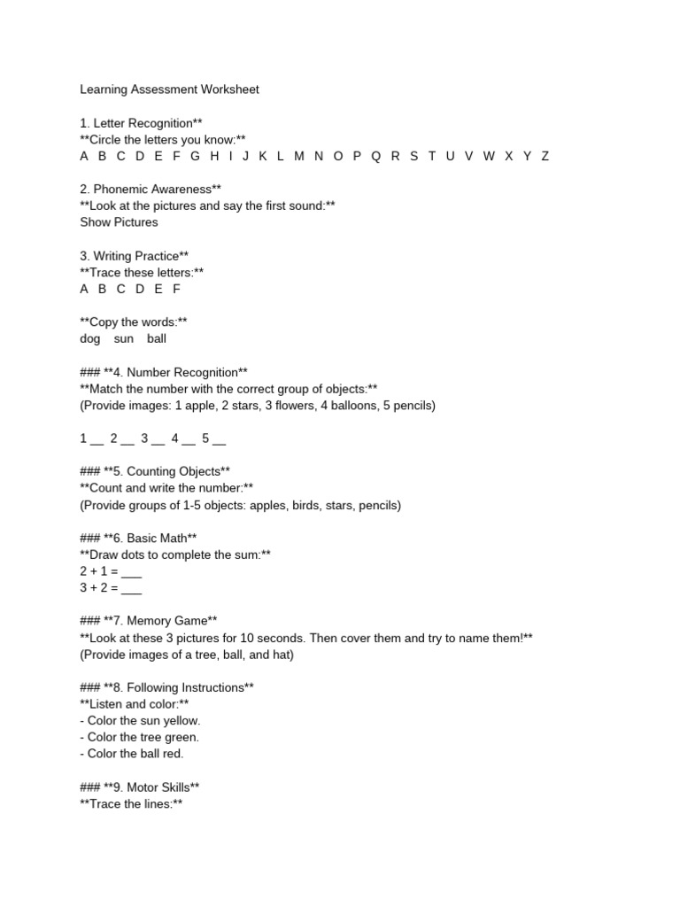 Early Learning Assessment Worksheet | PDF