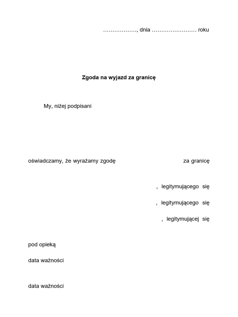 WZÓR Zgoda Na Wyjazd Dziecka Za Granicę | PDF