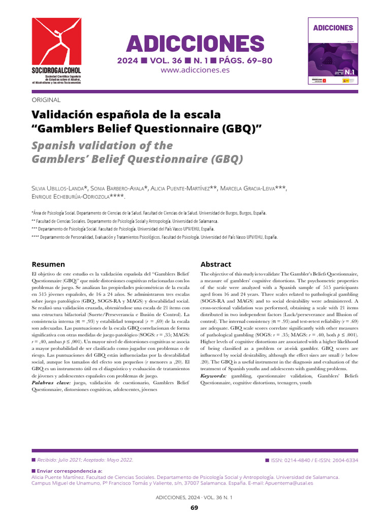 Adicciones: Validación Española de La Escala "Gamblers Belief ...