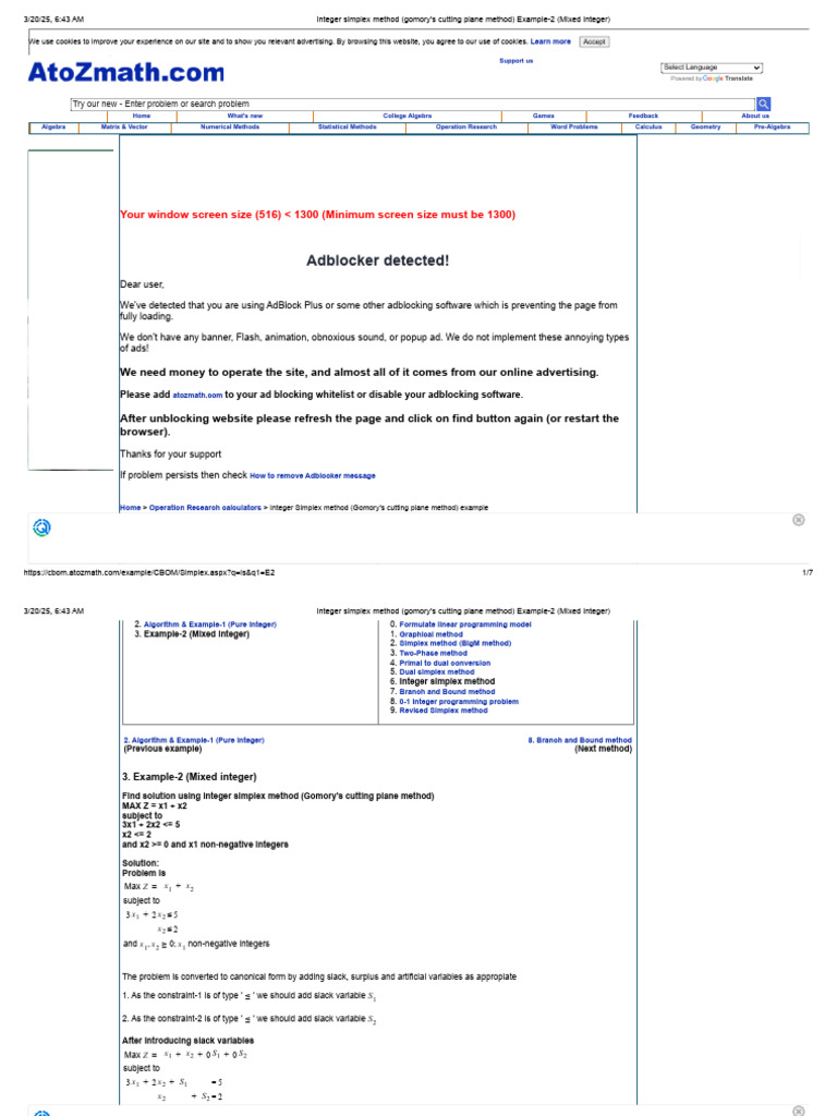 Integer simplex method (gomory's cutting plane method) Example-2 (Mixed integer) | PDF | Linear ...