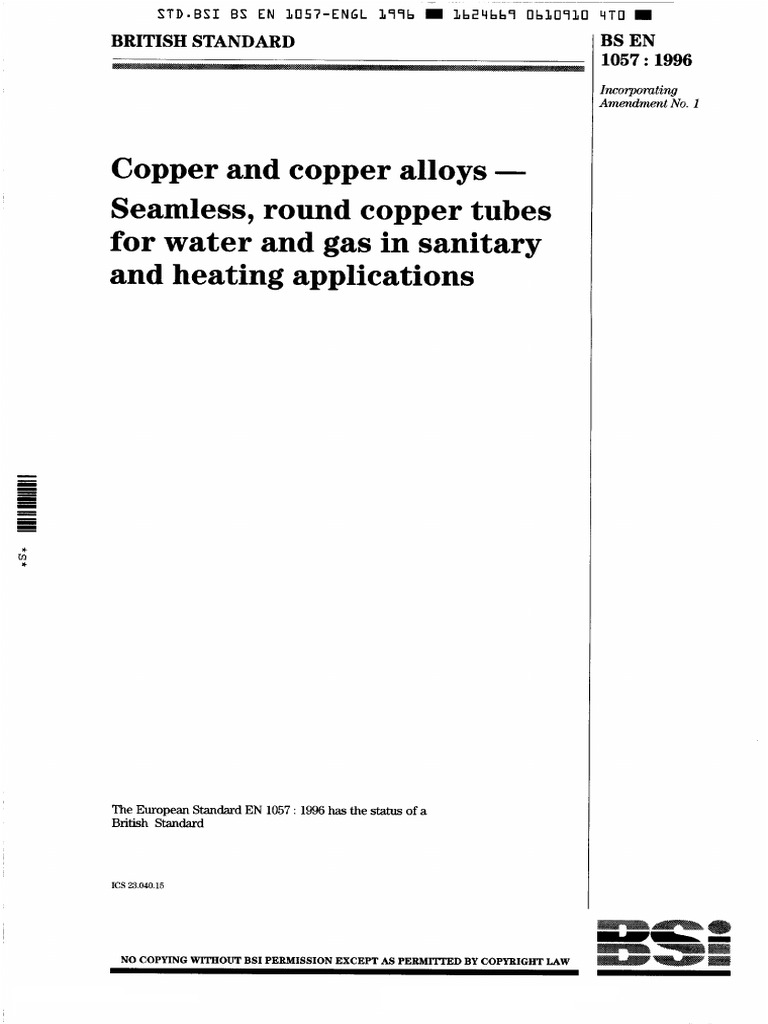 BS EN 1057 1996 Cu and Cu Alloys - Smls and Round Tubes For Water and ...