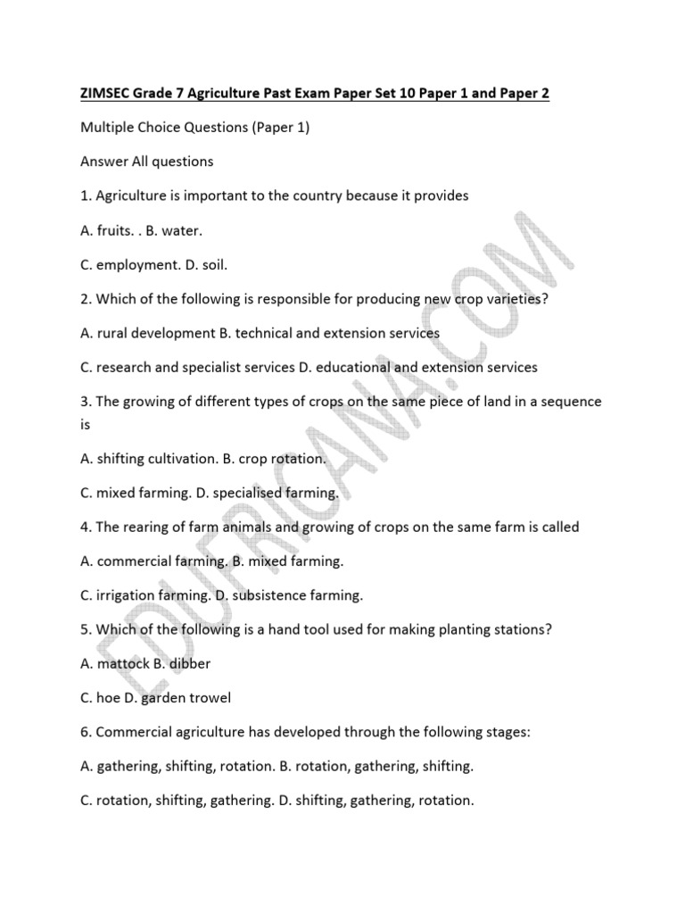 ZIMSEC Grade 7 Agriculture Past Exam Paper Set 11 Paper 1 and Paper 2 ...