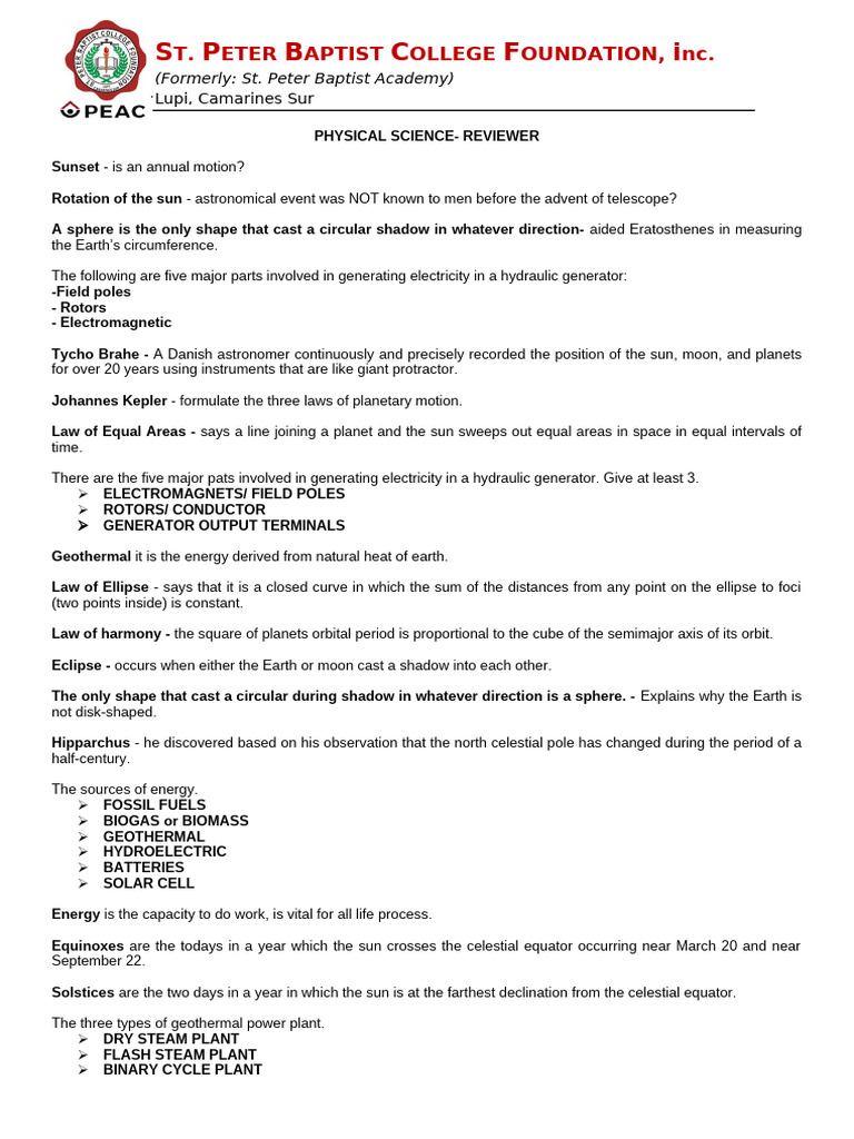 Physical Science Reviewer | PDF | Power Station | Orbit