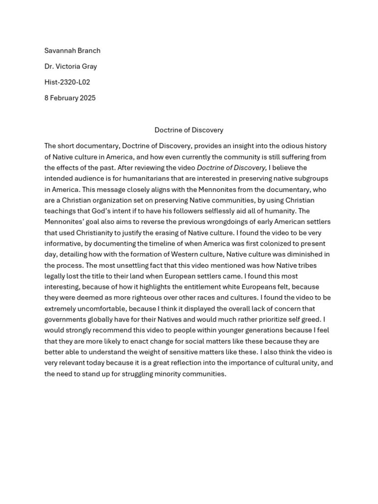 Doctrine of Discovery Reflection | PDF